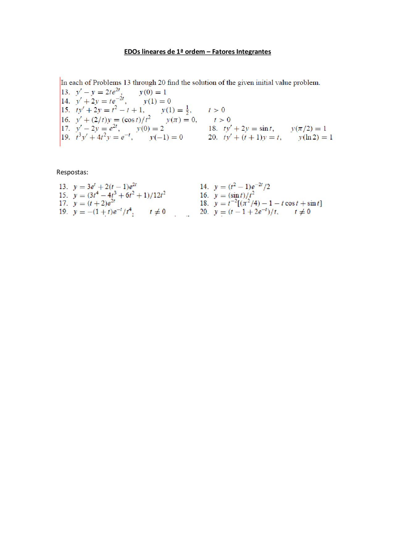 Lista de exercícios - EDO (Fator integrante) - Docsity