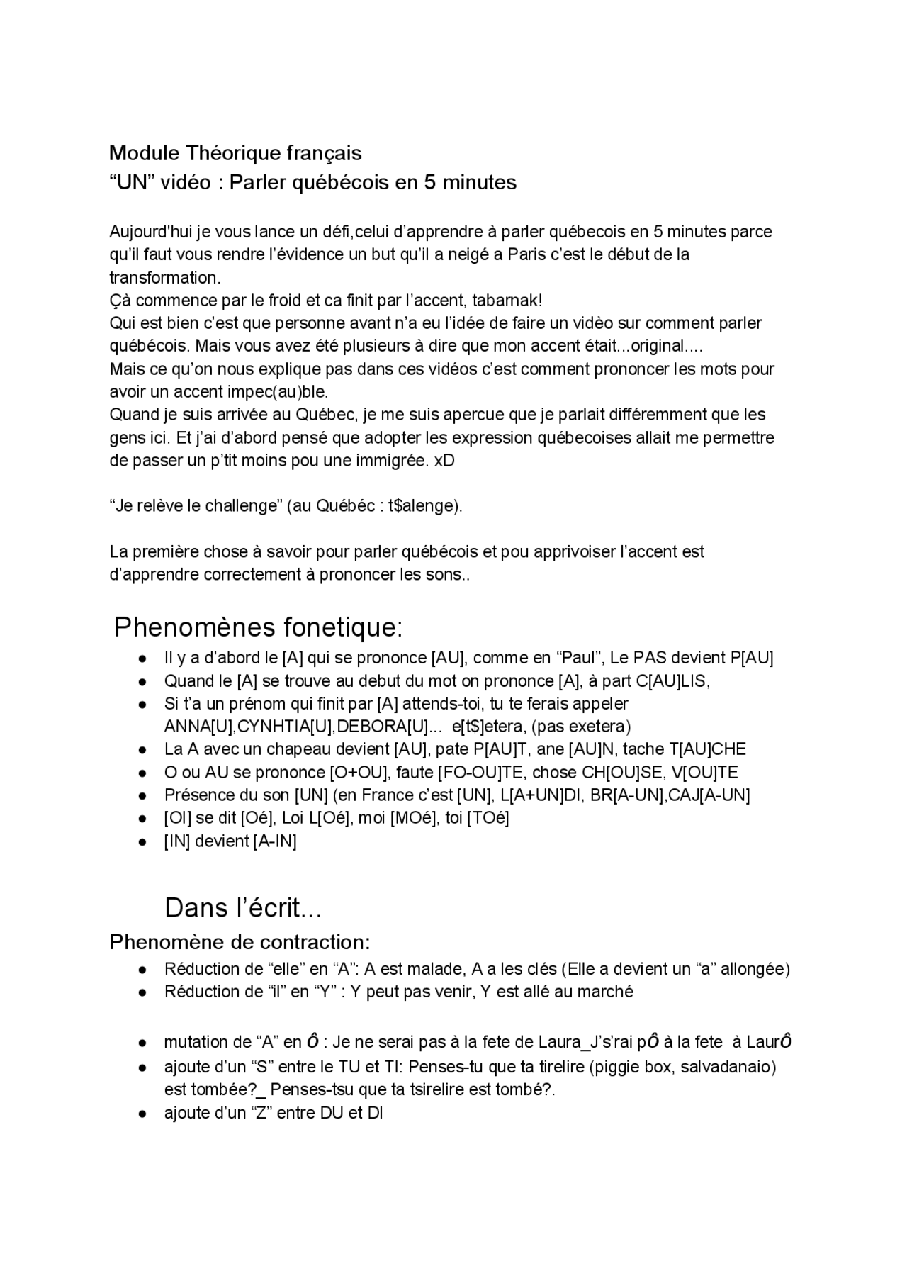 Supplemento Di Francese Modulo Teorico Sulla Langue Québécoise Docsity