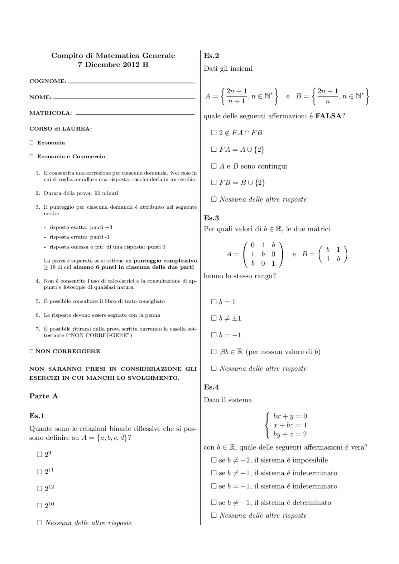 Compito Di Matematica Generale Docsity