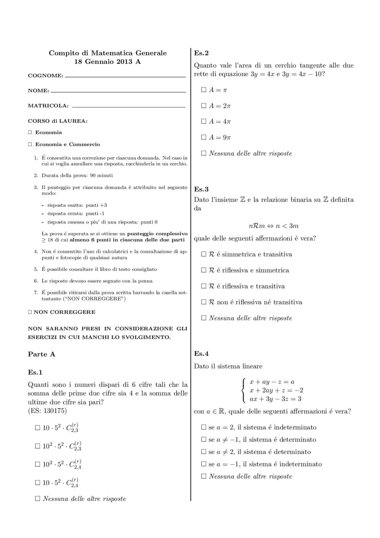 Compito Di Matematica Generale Docsity