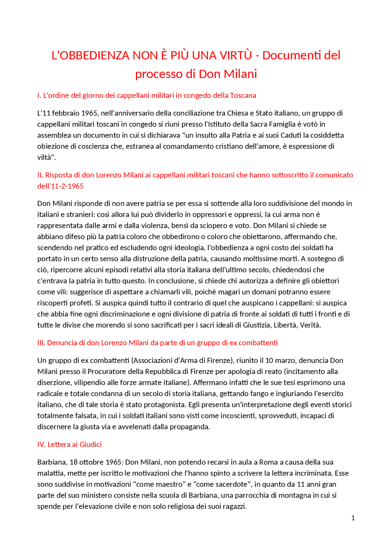 Riassunto completo "L'obbedienza non è più una virtù" di Don Milani ...