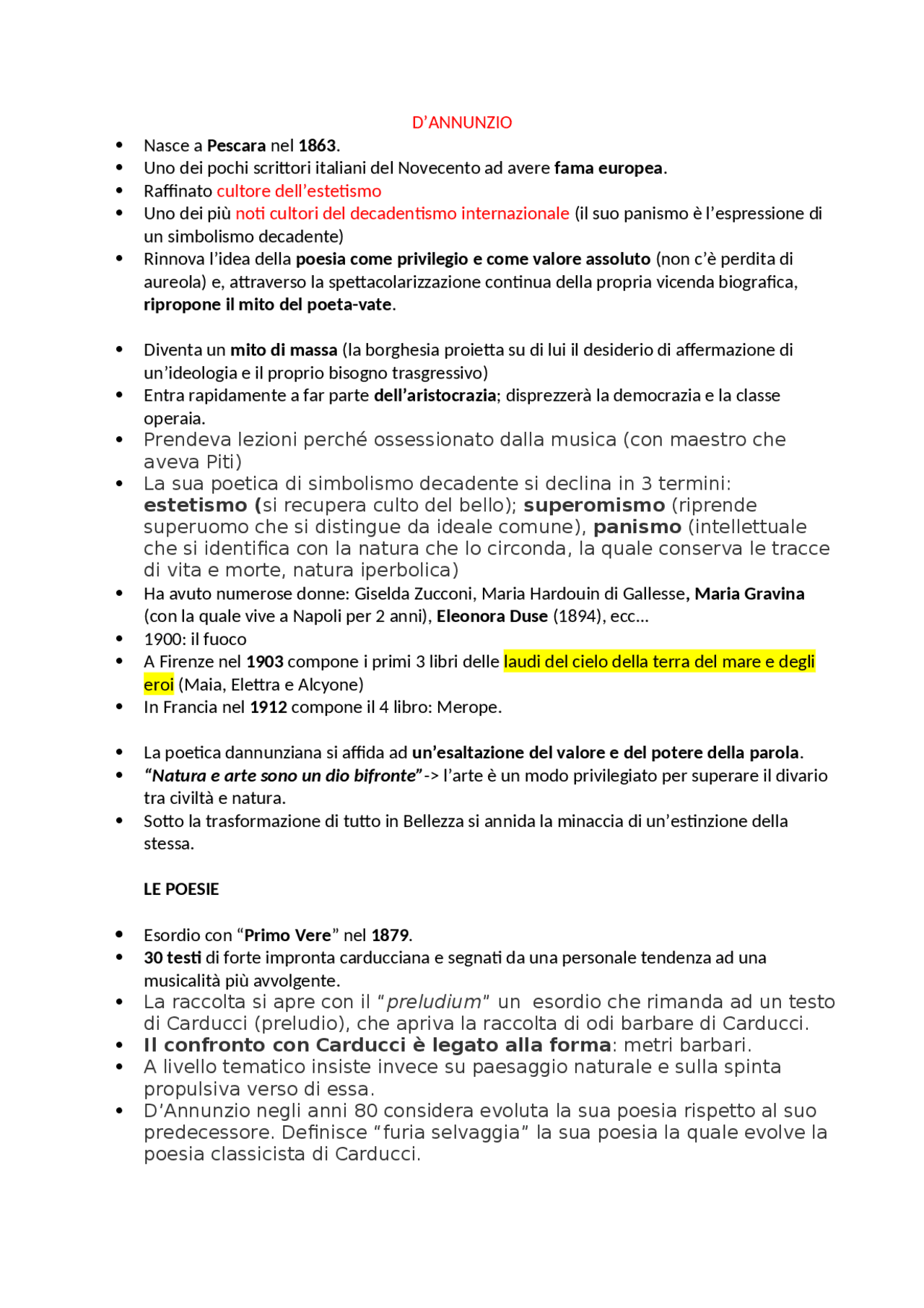 Dannunzio Vita E Opere Docsity