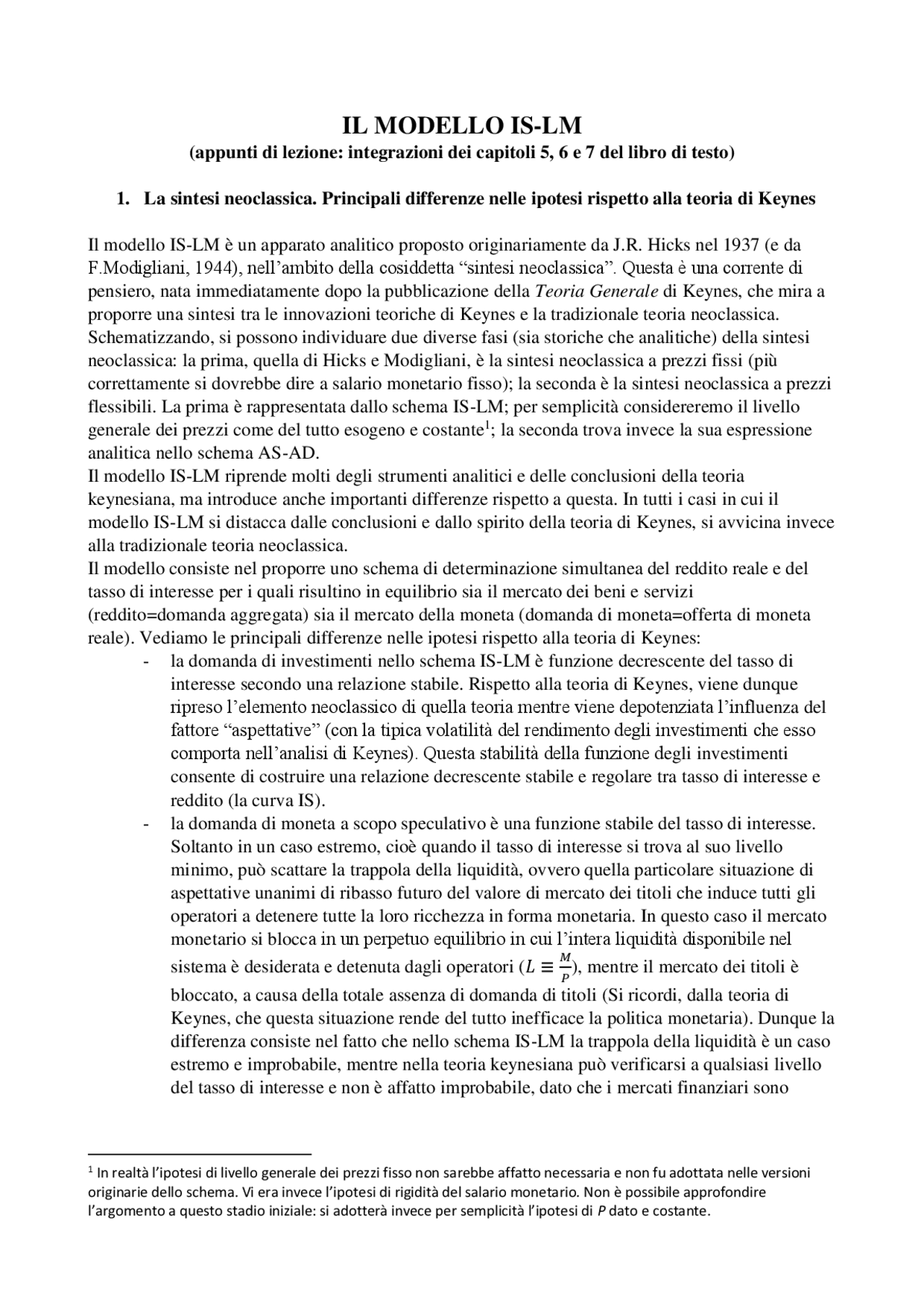 Il modello is-lm - Appunti - Docsity