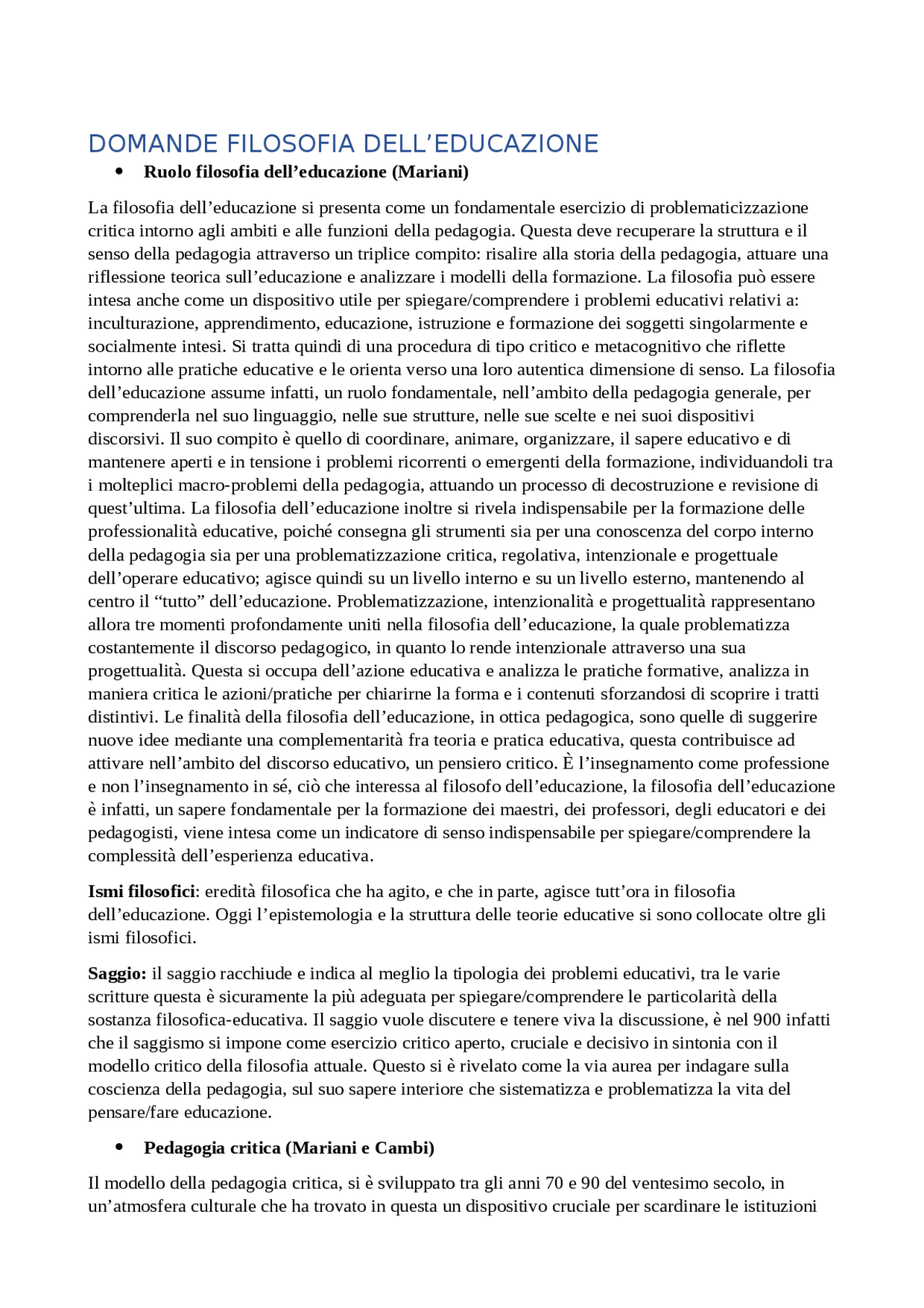 Domande Filosofia Educazione Esame Prove Desame Di Filosofia Docsity