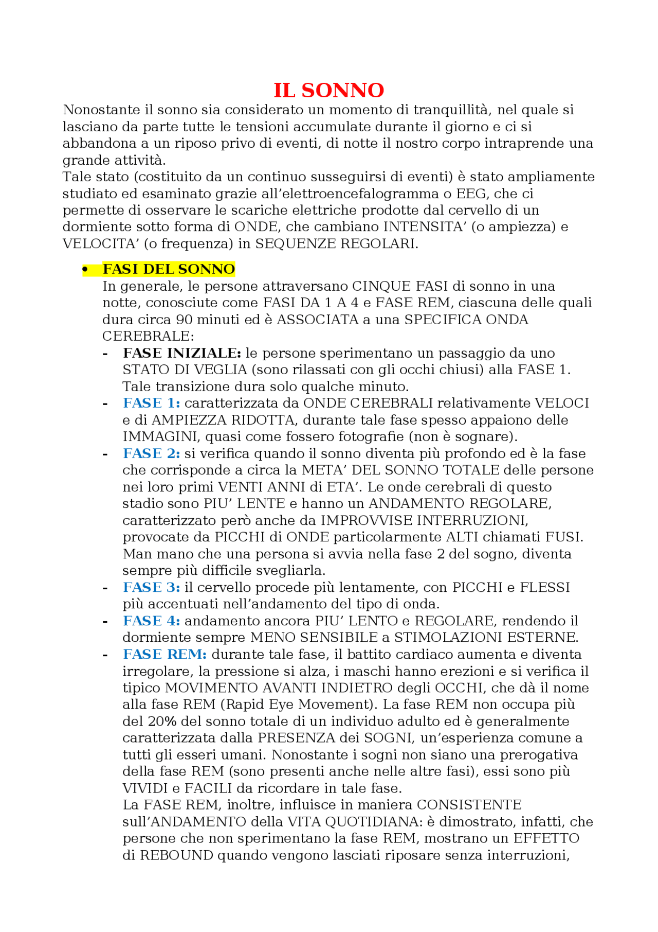 Il Sonno Manuale Psicologia Generale Docsity