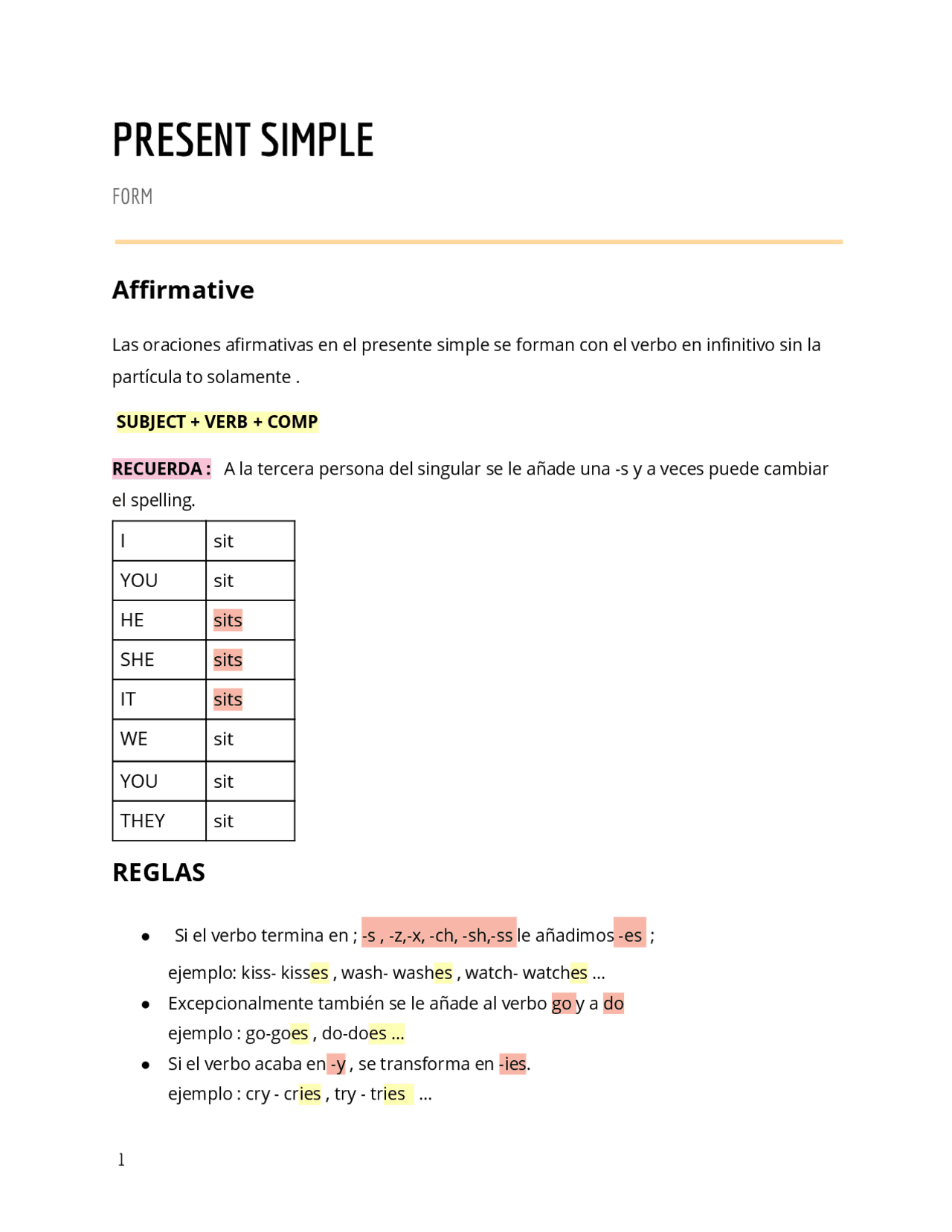 Present Simple Apuntes Docsity