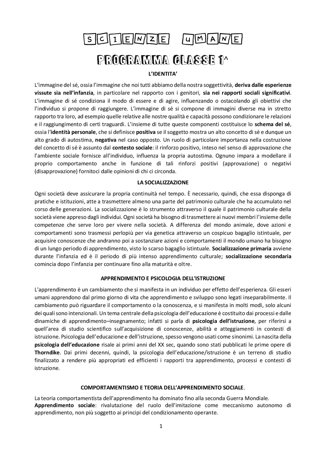 Riassunto Scienze Umane Programma Classe 1 2 Socio Sanitario