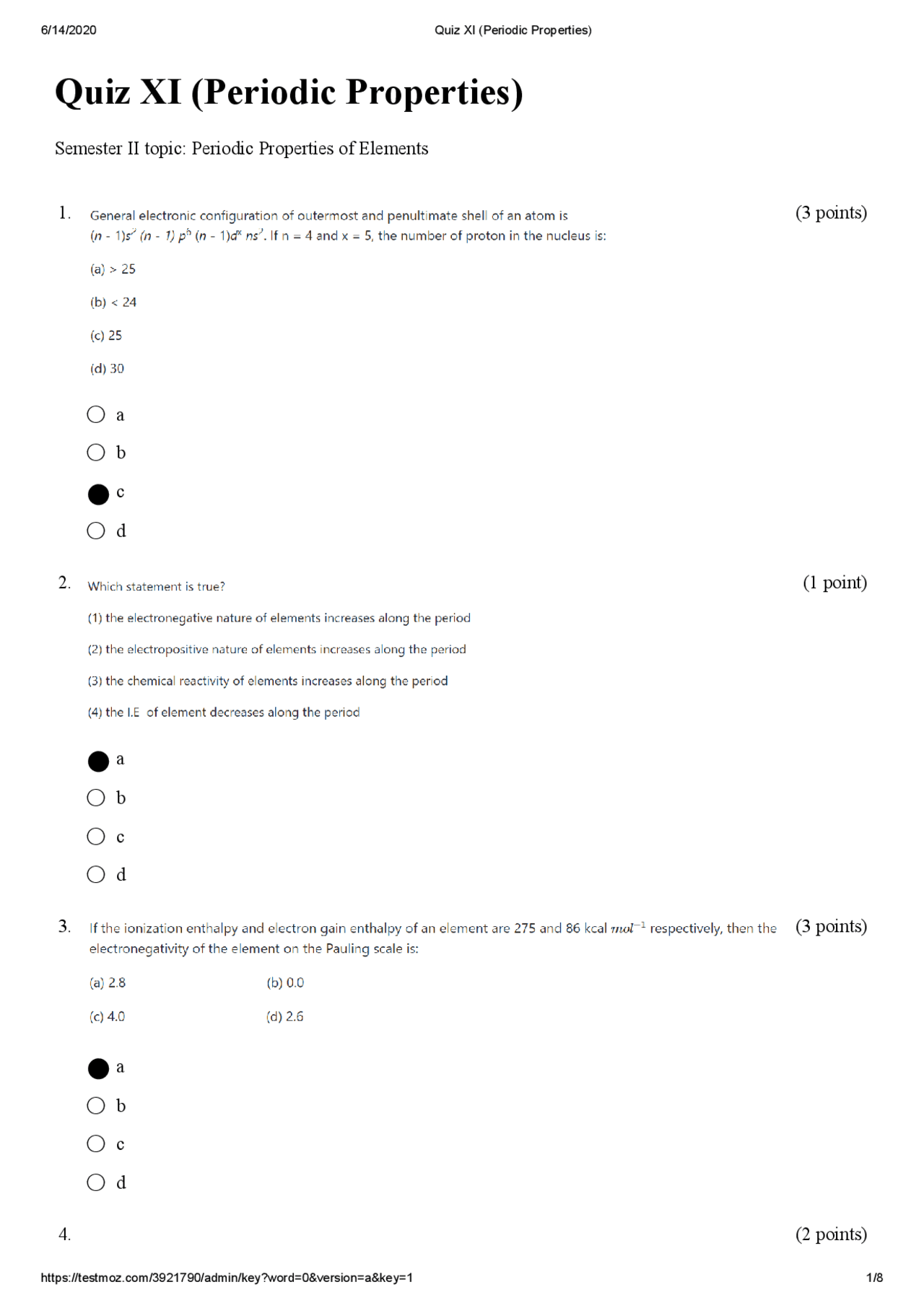 QUIZ ON PERIODIC PROPERTIES - Docsity
