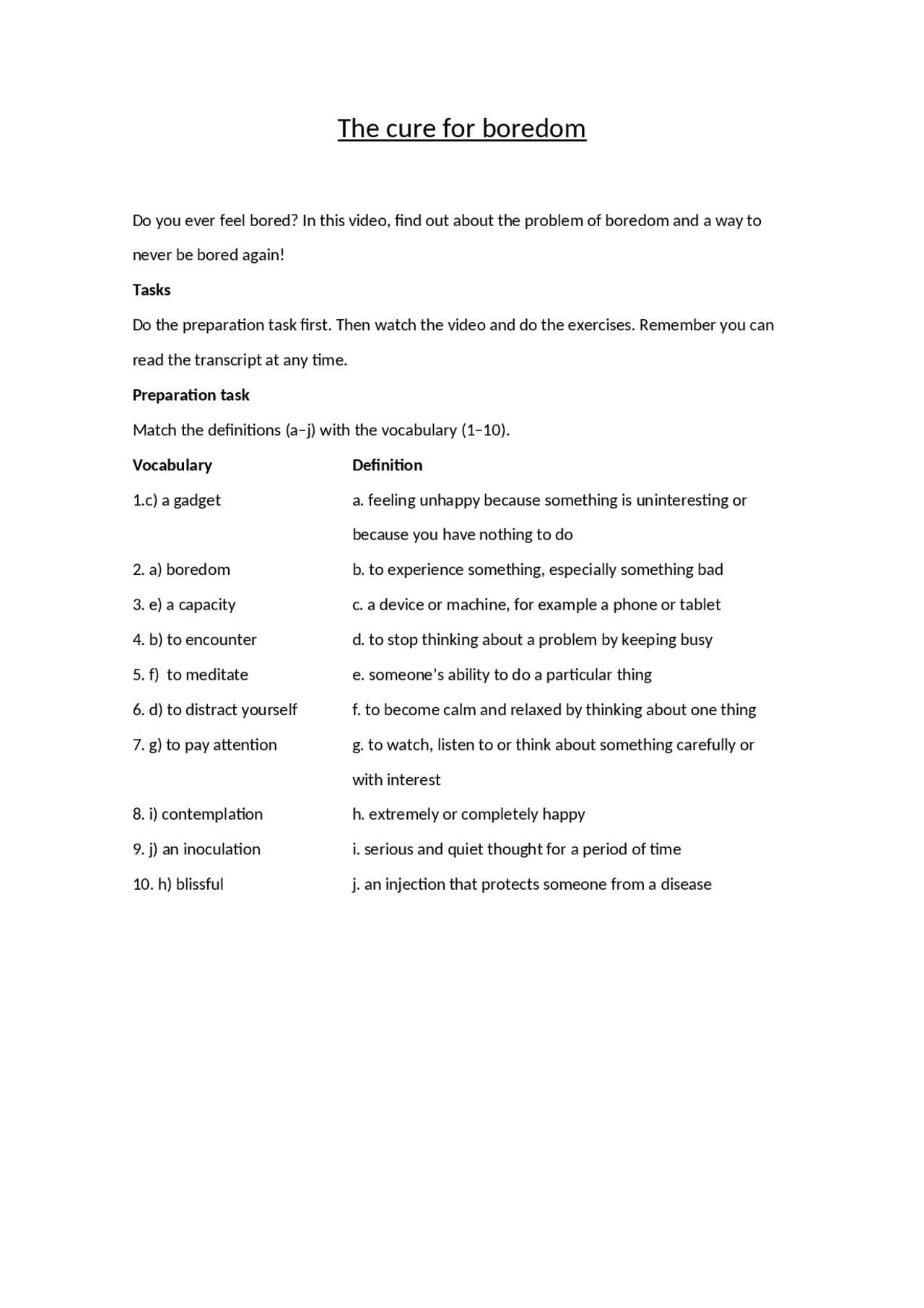 The cure for boredom activities - Docsity