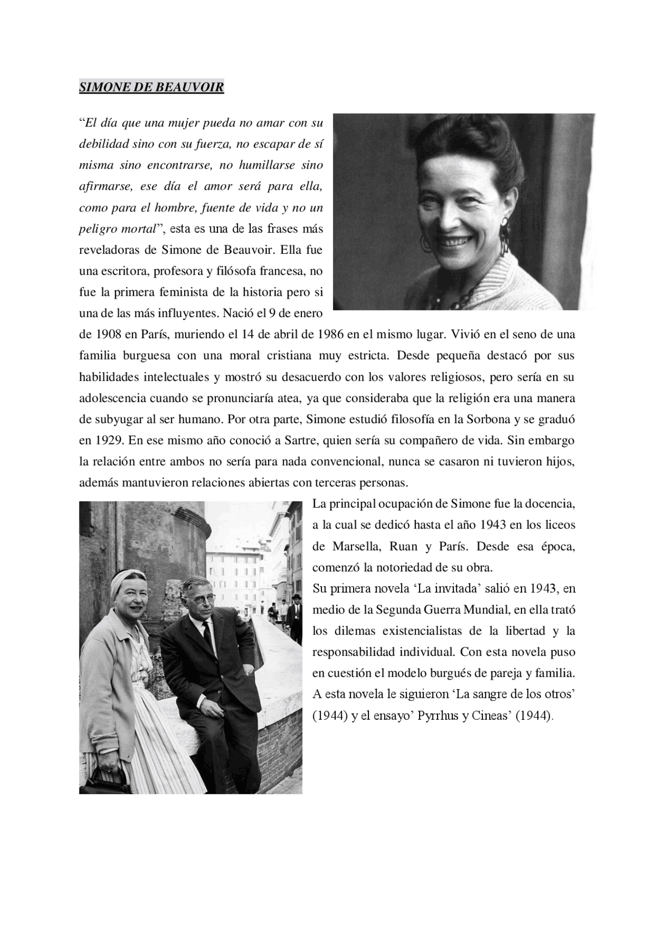 Bibliografia Simone De Beauvoir Docsity