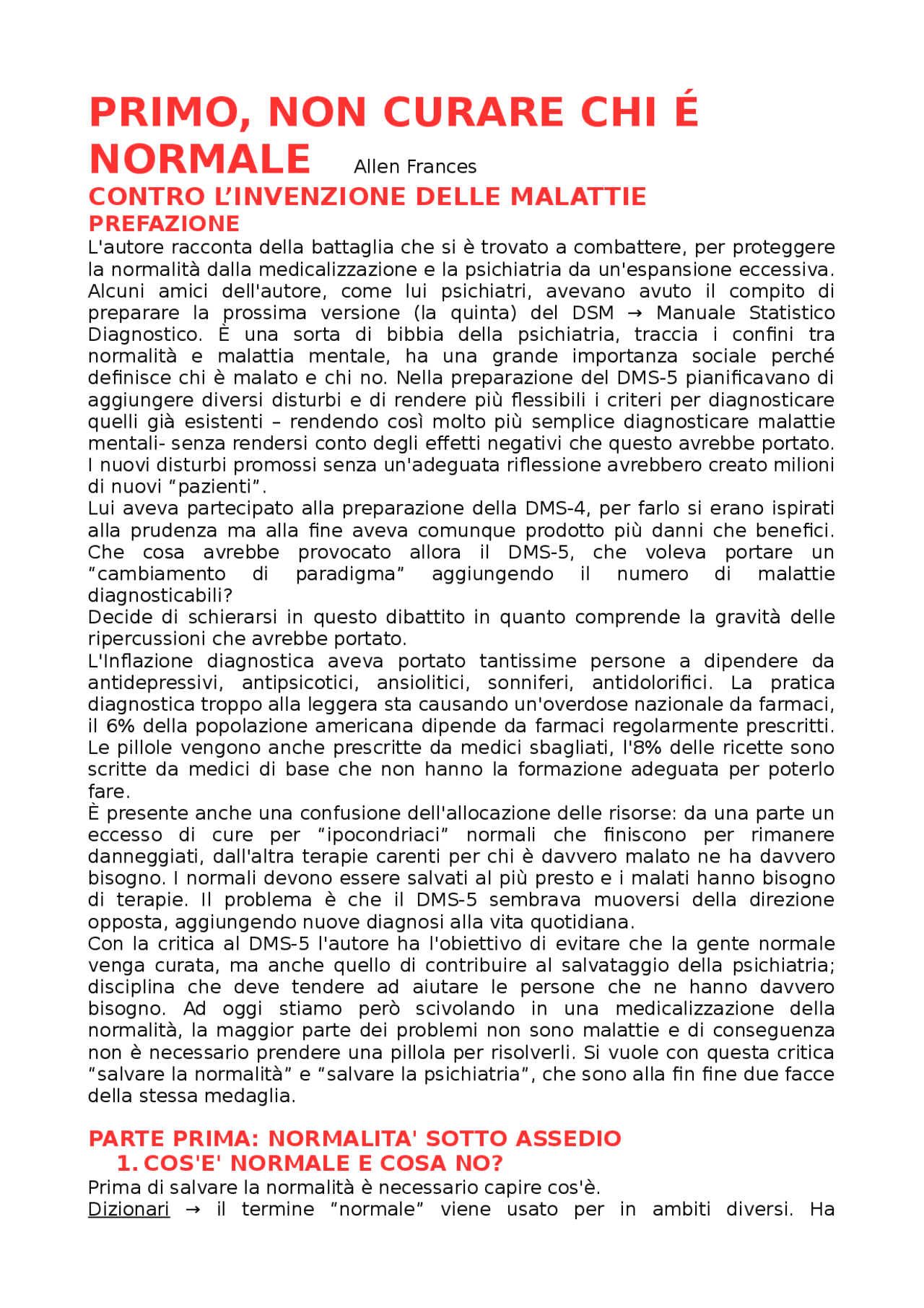 Riassunto Primo Non Curare Chi è Normale Allen Frances Docsity