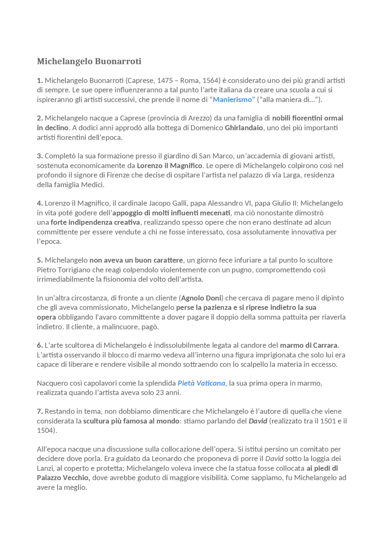 Michelangelo Buonarroti Scheda Riassuntiva Docsity