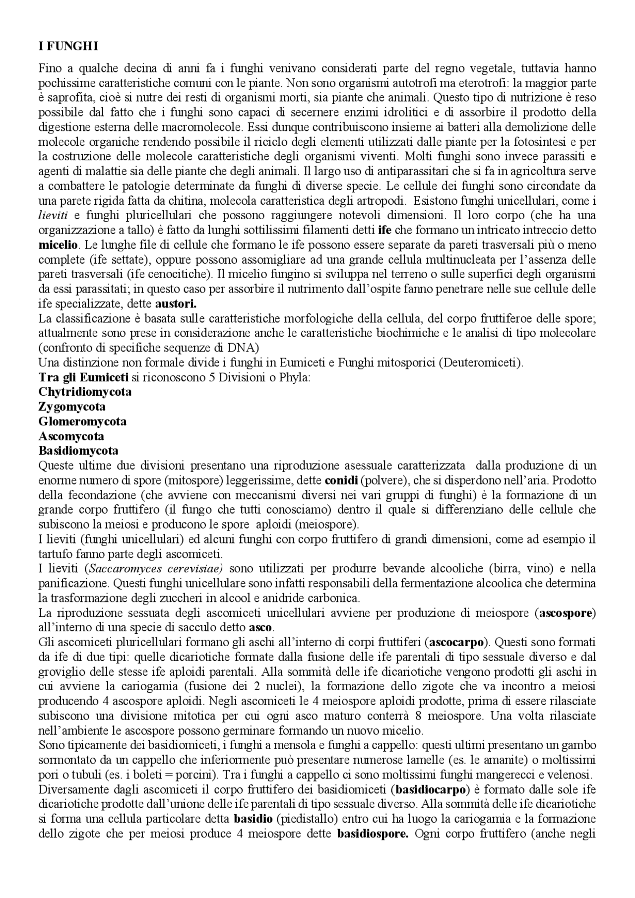 Riassunto Sui Funghi Docsity