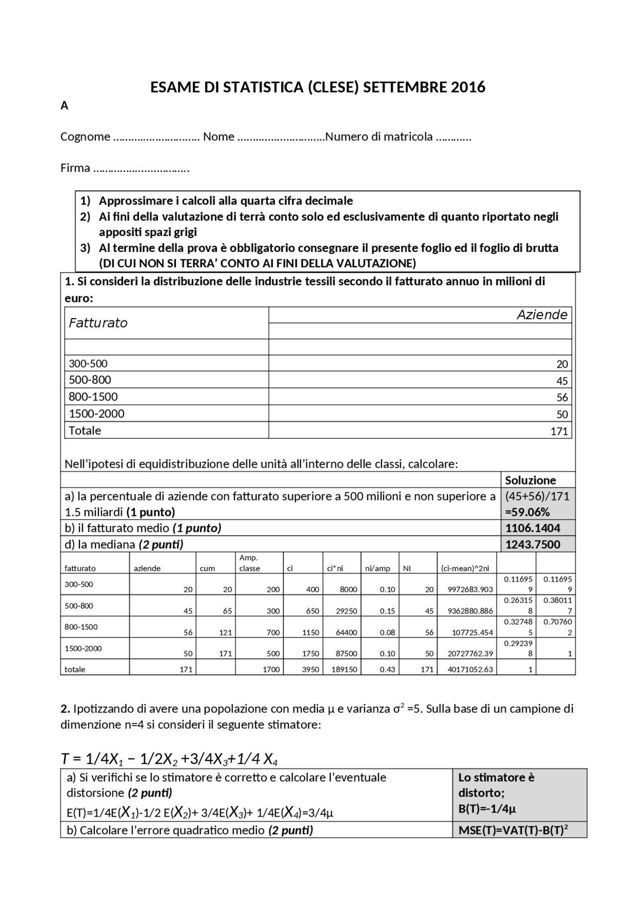 Esame Tipo Di Statistica Docsity