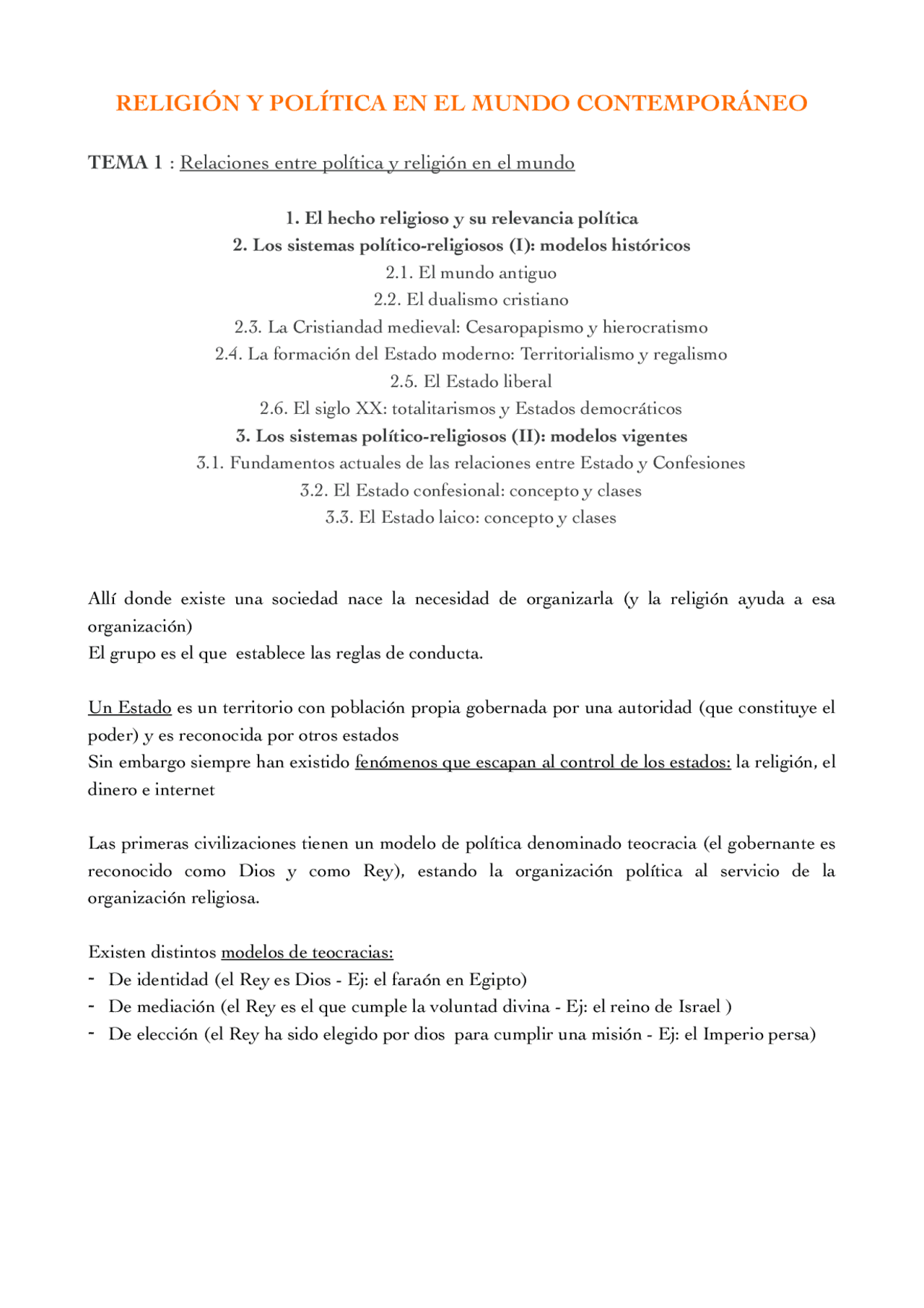 TEMA 1 : Relaciones entre política y religión en el mundo - Docsity