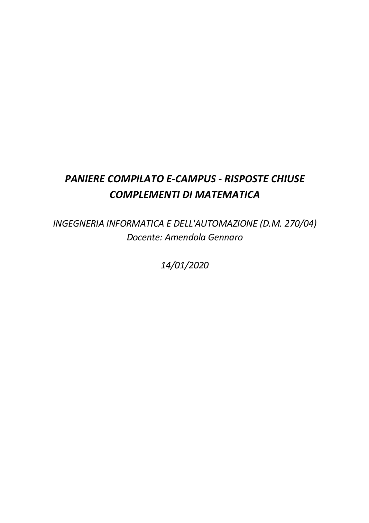 Paniere Complementi Di Matematica Ecampus Prof Amendola Risposte
