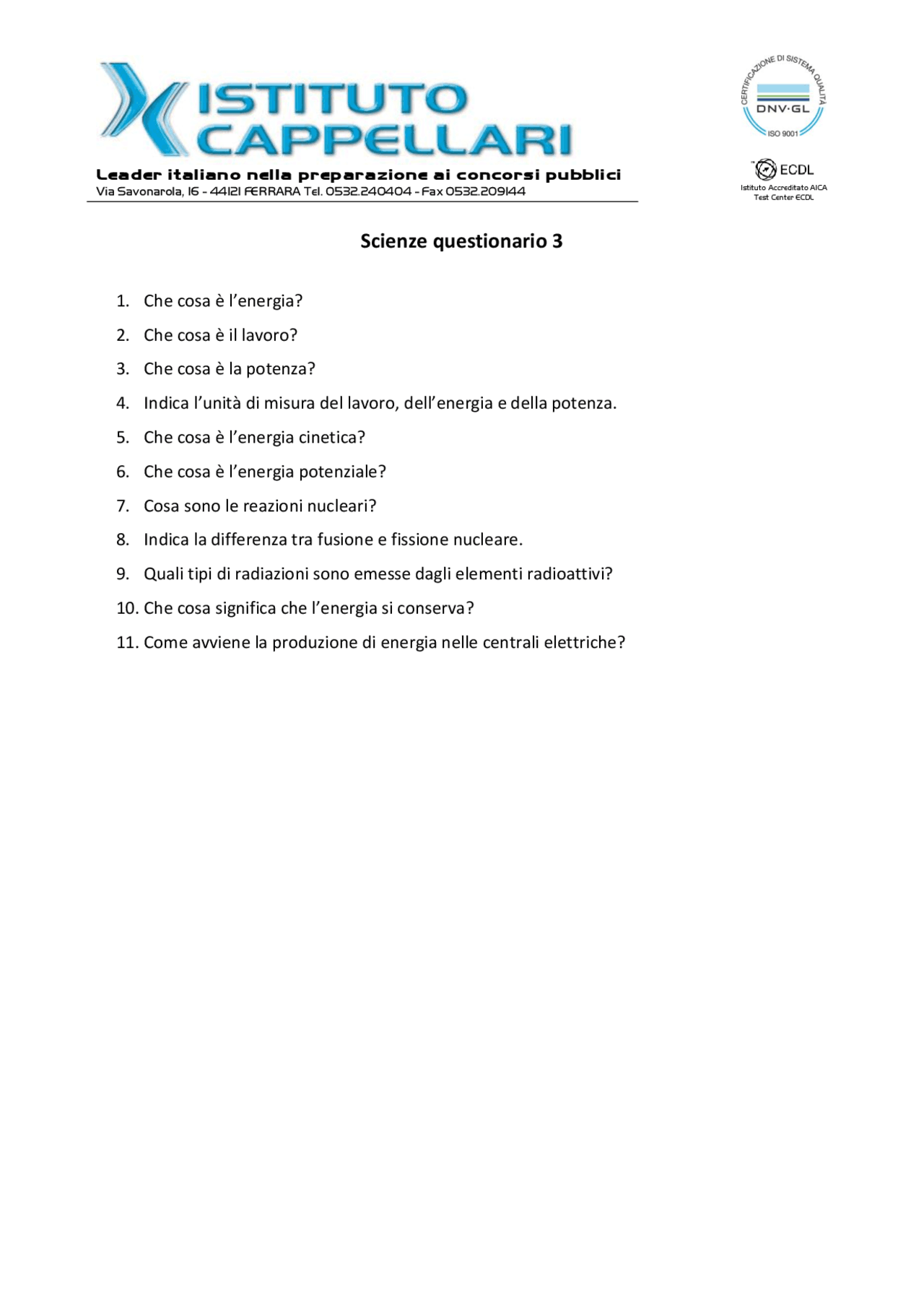 Esercizi Scienze Questionario Docsity