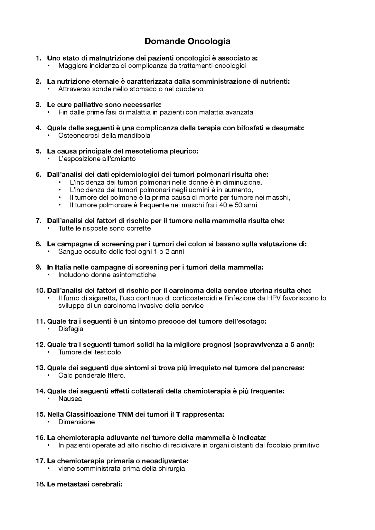 Domande Esame Oncologia Docsity