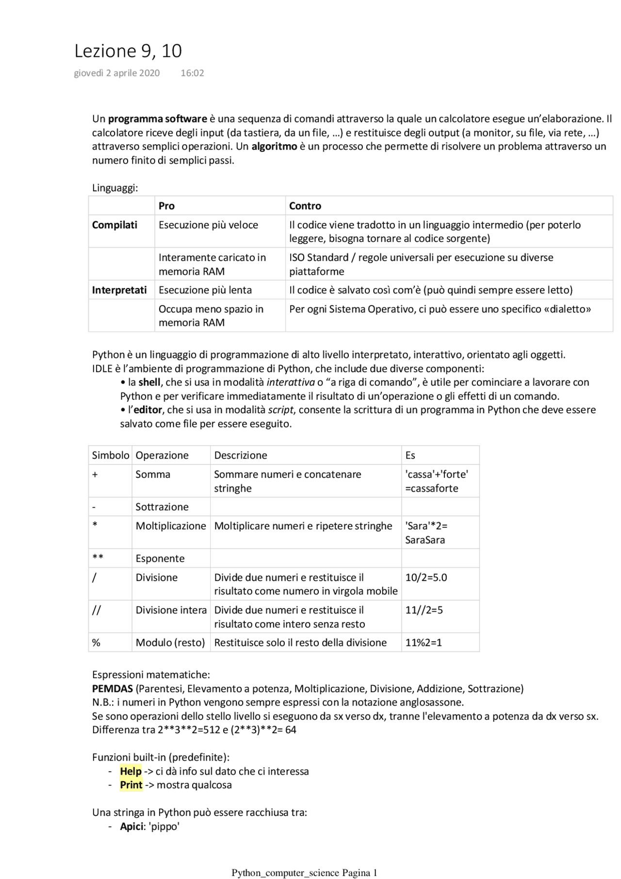 Appunti Di Python Computer Science Docsity