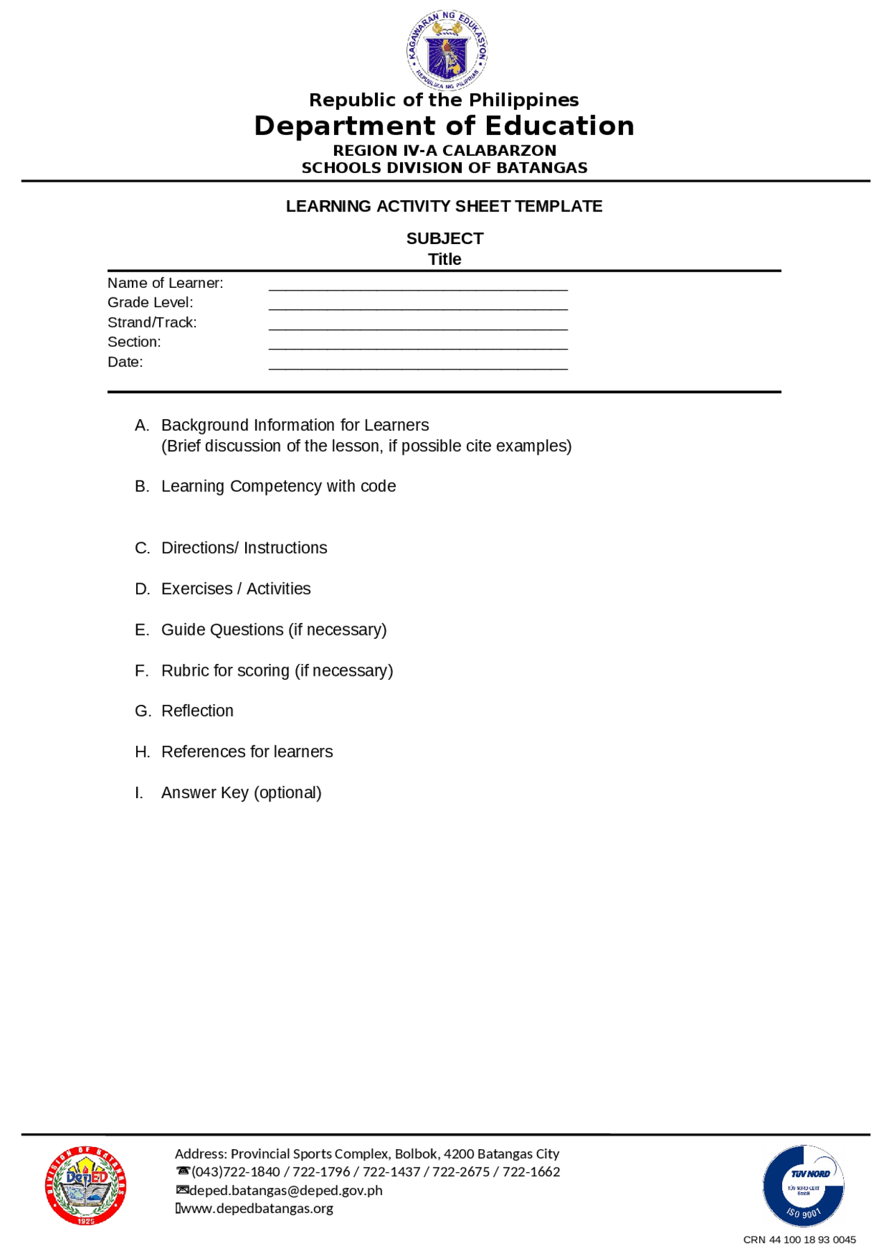 Senior High School Format for Activity Sheets and Guidelines ...