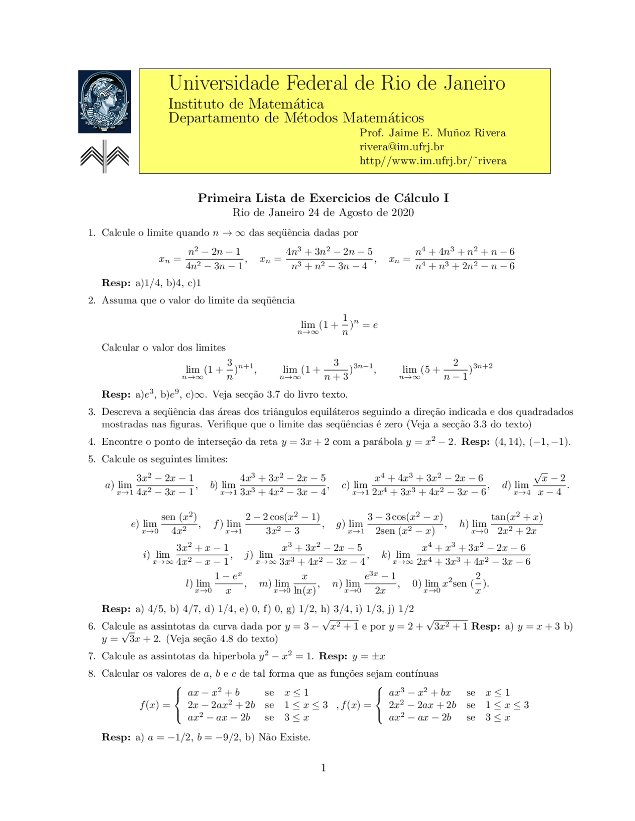 Lista 1 Matemática 1 Docsity
