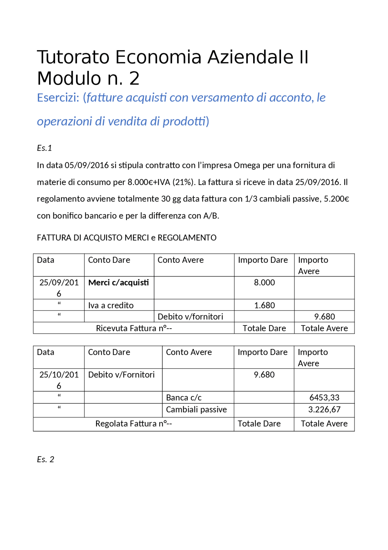 2 Tutorato Economia Aziendale Ii Modulo Docsity
