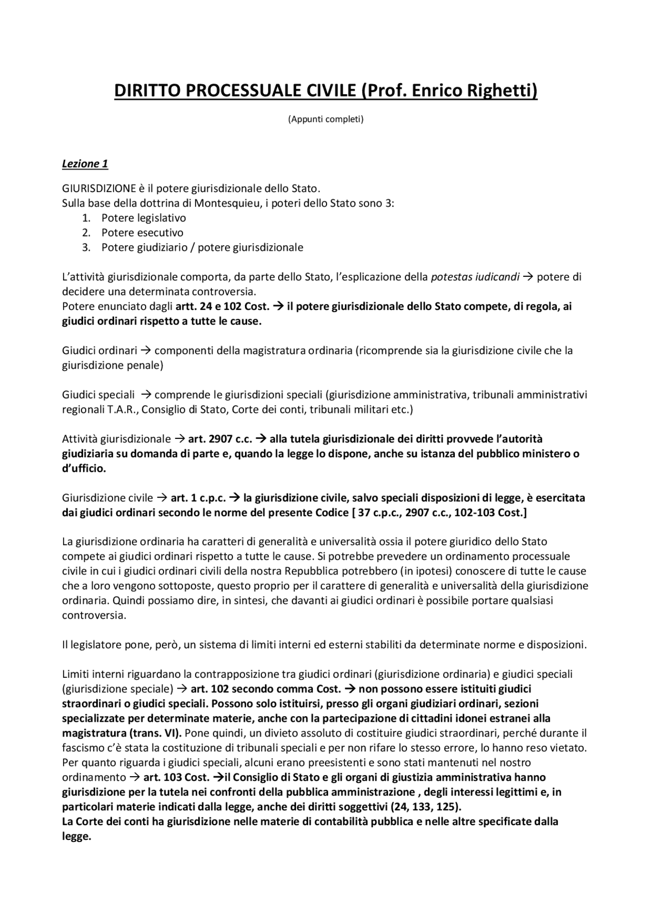 DIRITTO PROCESSUALE CIVILE - ENRICO RIGHETTI (lezione 1) 2020 - Docsity