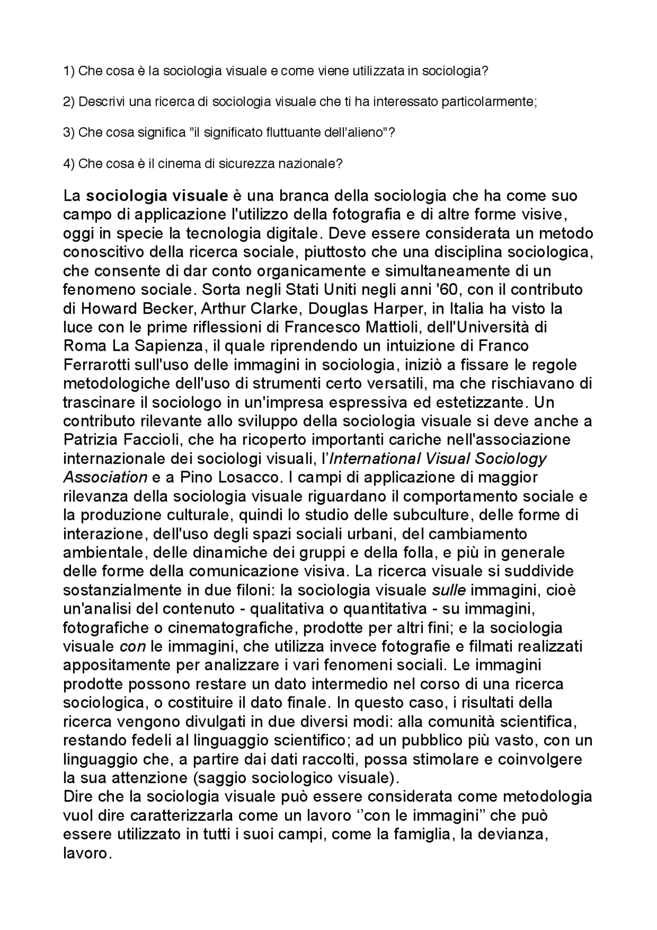 Sociologia Visuale Domande E Risposte Docsity