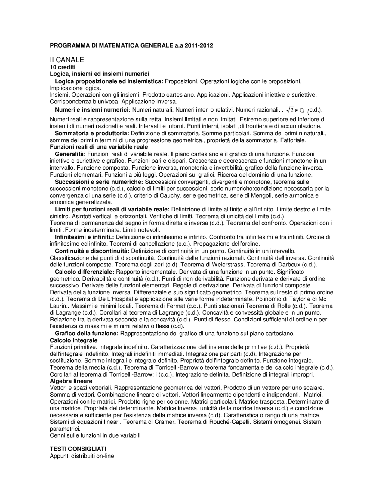 Programma Matematica Generale Roma3 - Docsity