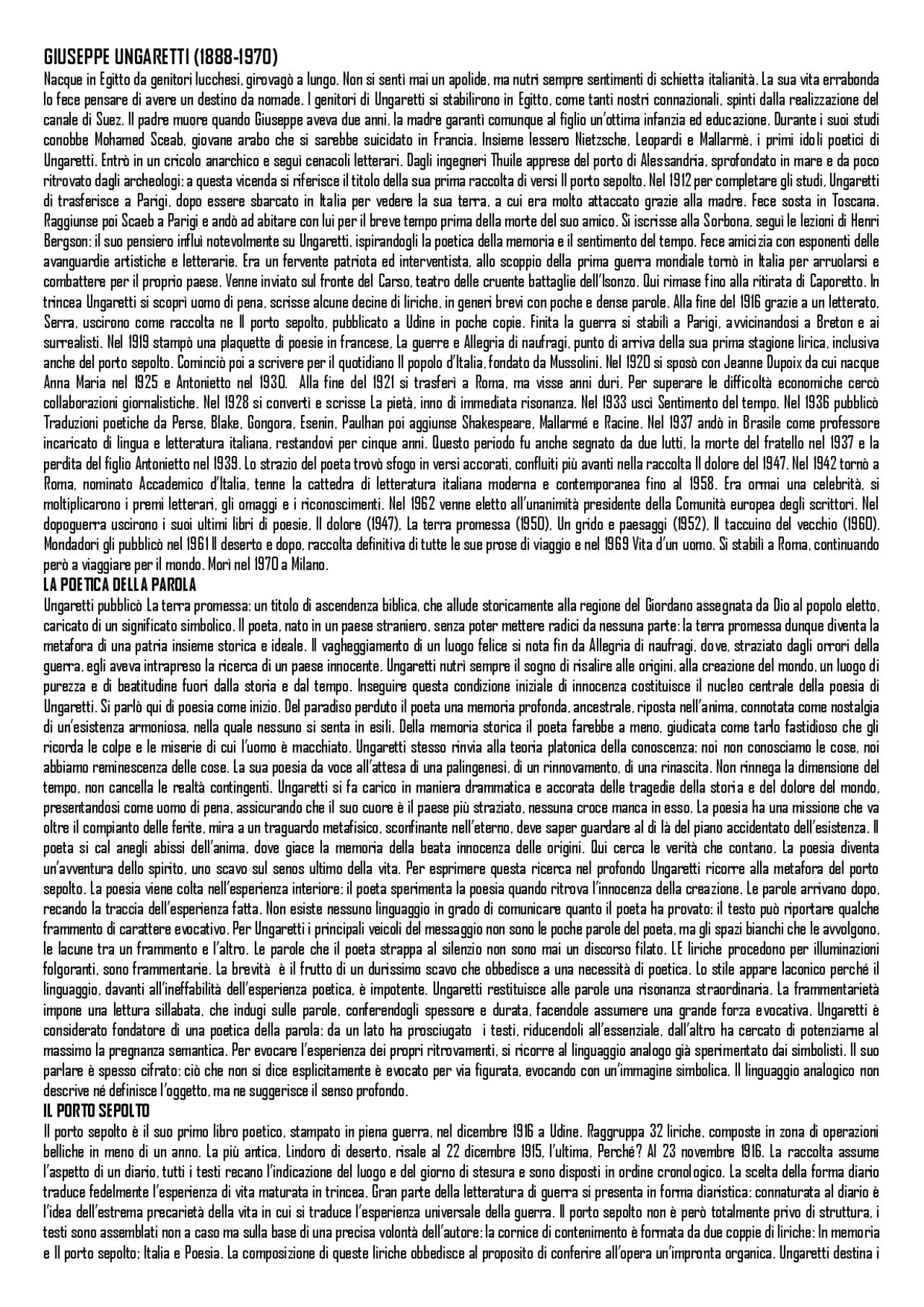Appunti Su Ungaretti E Montale Docsity