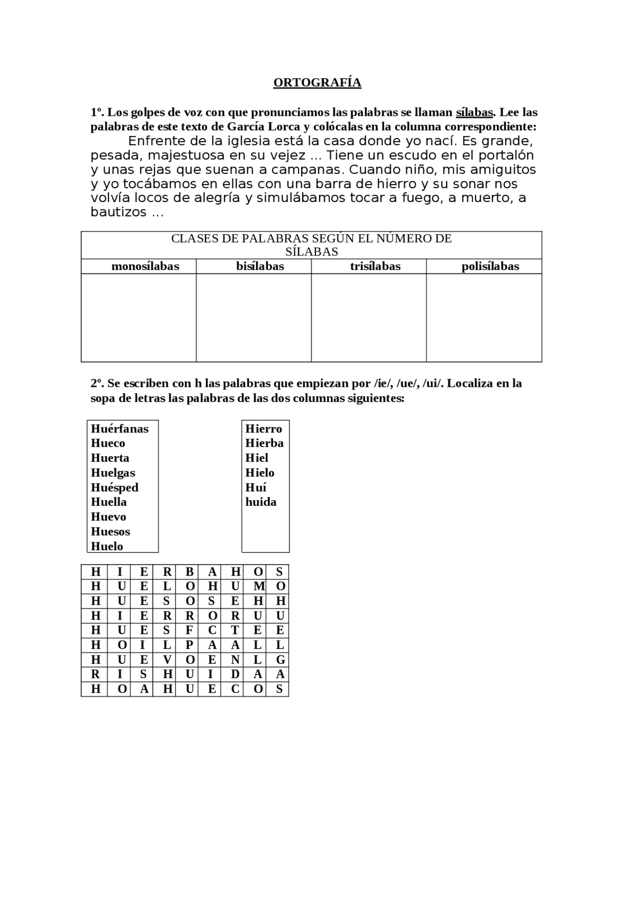 Ortografía. texto con palabras y sopa de letras - Docsity