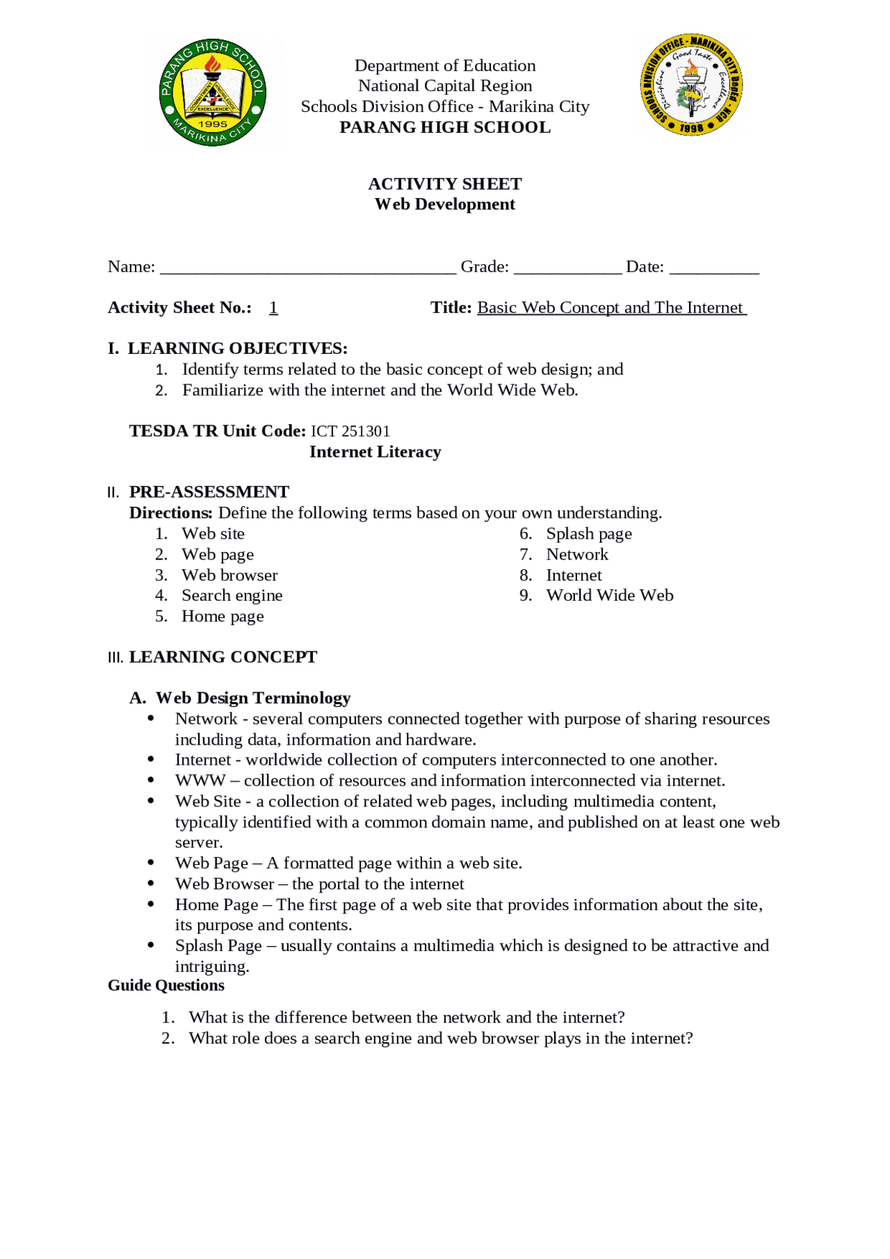 Web Design Activity Sheet No. 1 - Docsity