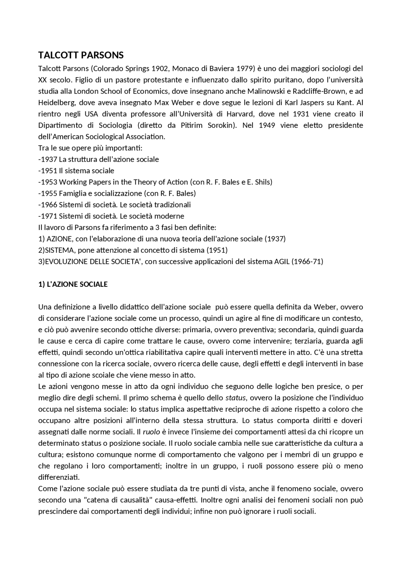 Talcott Parsons E Il Suo Modello Agil Appunti Di Sociologia Docsity
