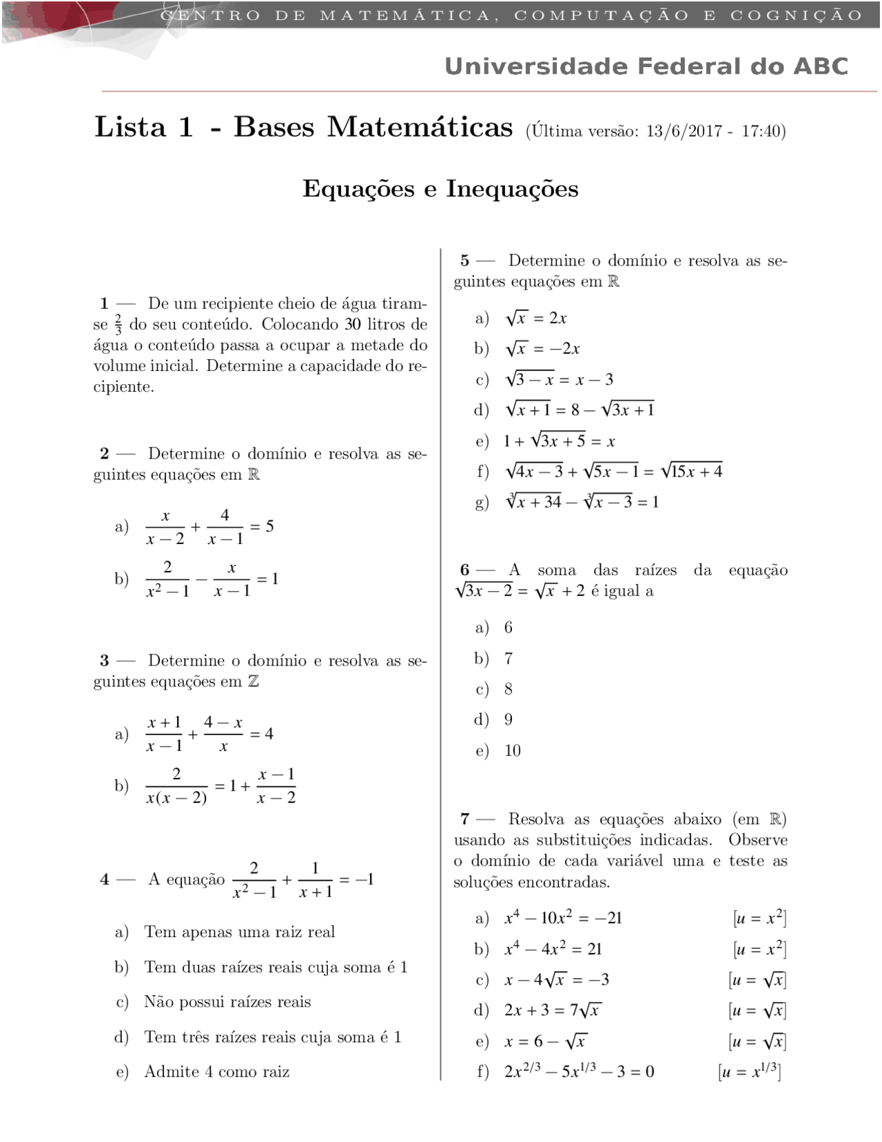 Listas de Bases Matemáticas UFABC - Docsity