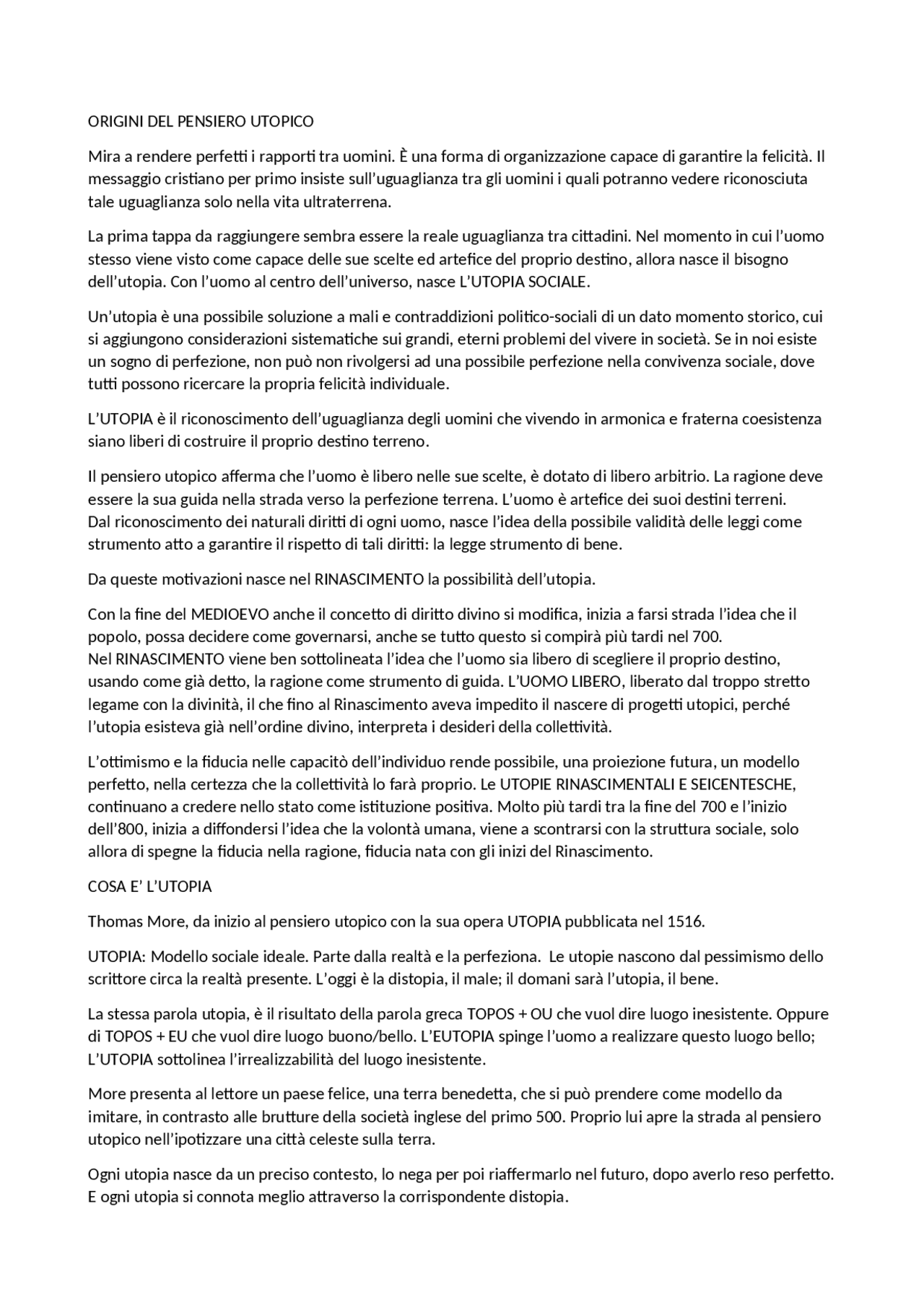 Utopia e distopia. L'origine del pensiero utopico - Docsity