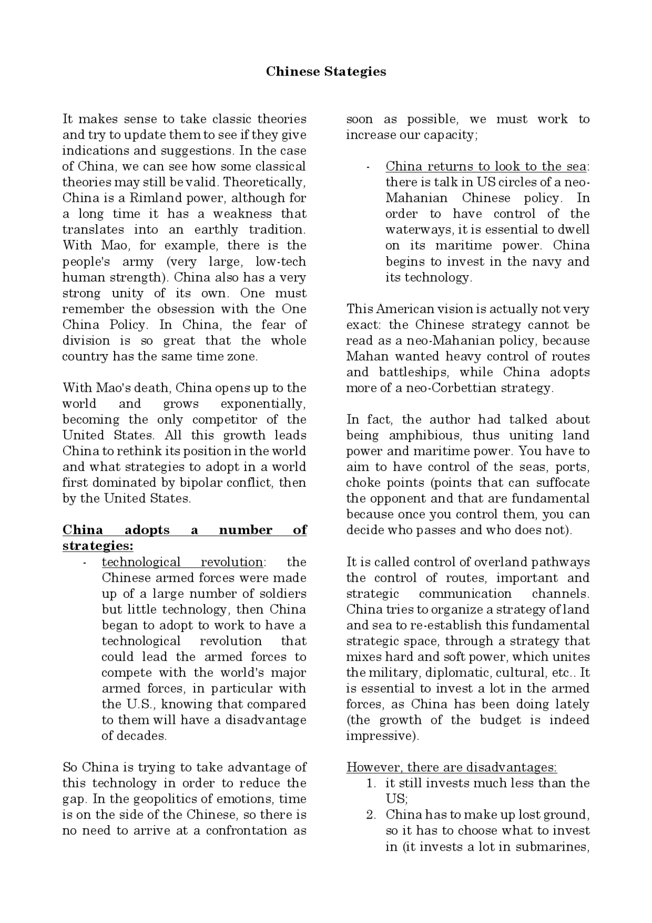 Notes On Chinese Strategies Geopolitics Docsity