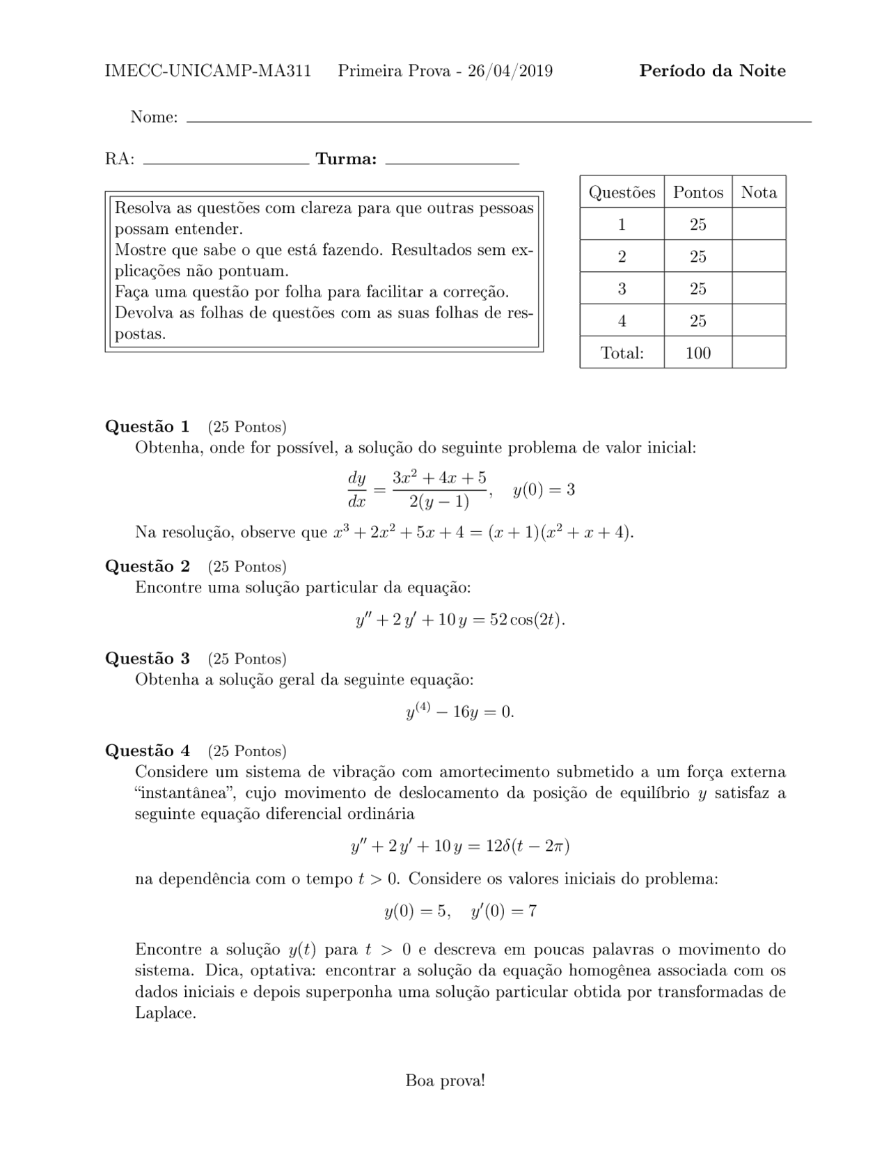 Prova Calculo Iii Unicamp Docsity