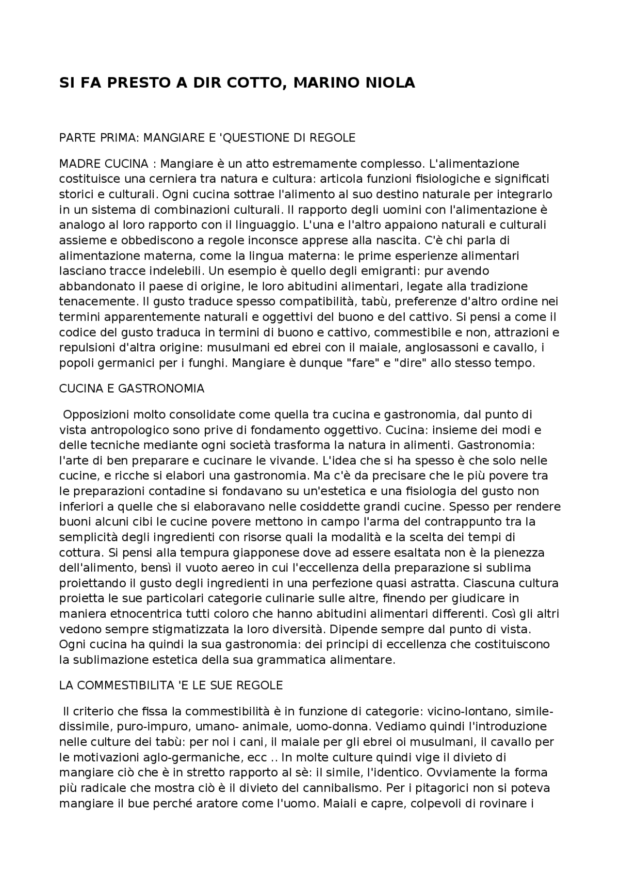 Si fa presto a dir cotto , Marino Niola - Docsity