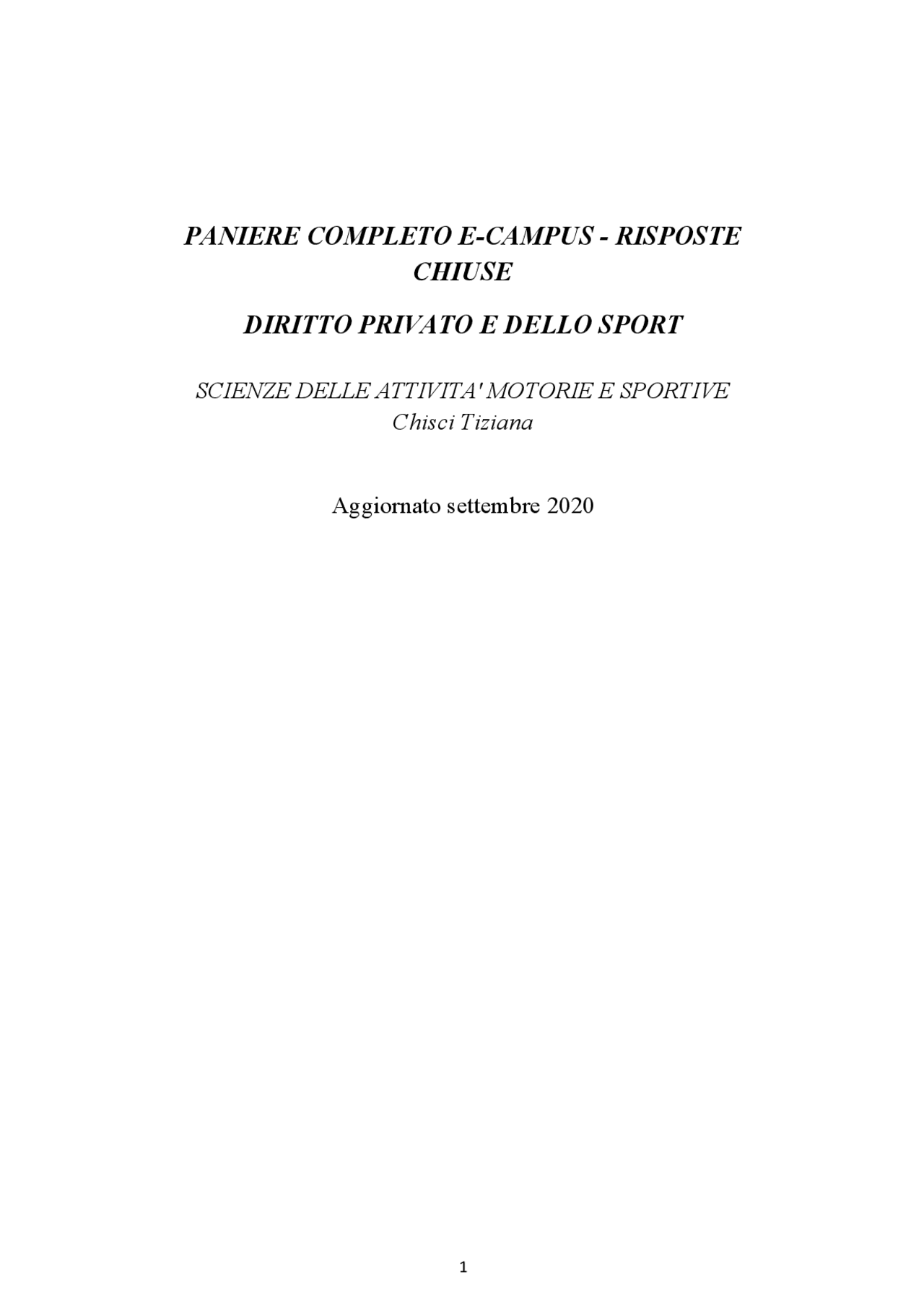 Paniere Diritto Privato e dello Sport aggiornato settembre 2020 ecampus professoressa Chisci ...