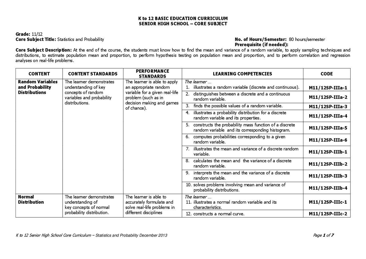 Probability and Statistics Grade 11 Curriculum Guide | Study notes ...