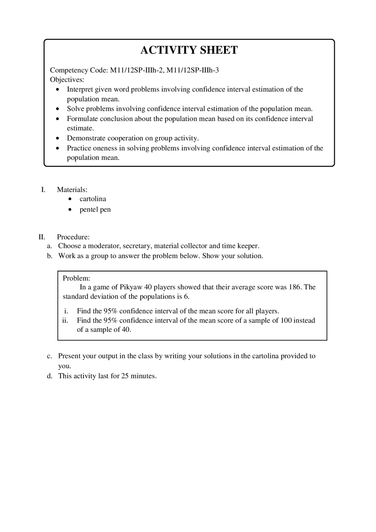 Estimation of Parameters Statistics and Probability Activity Sheet ...