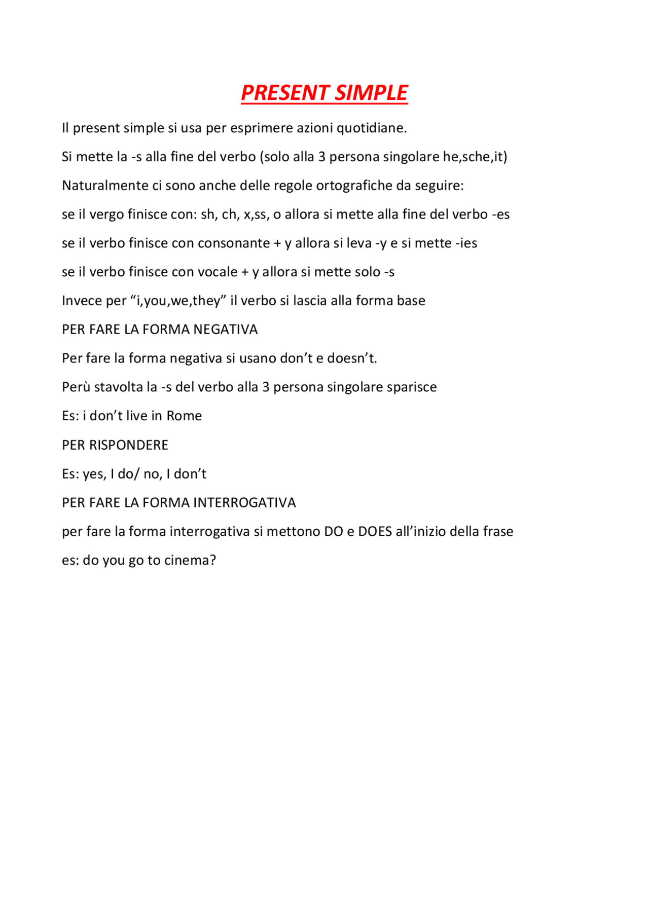Present Simple Inglese Spiegazione Docsity