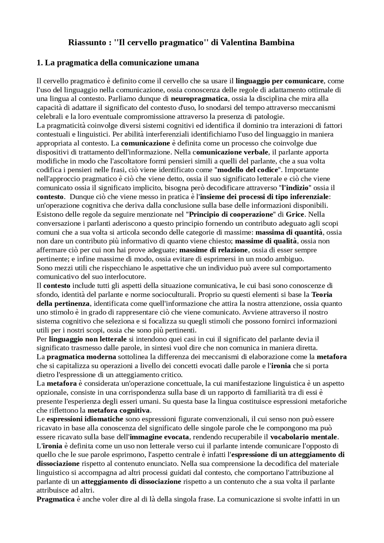 Riassunto Cervello Pragmatico Docsity