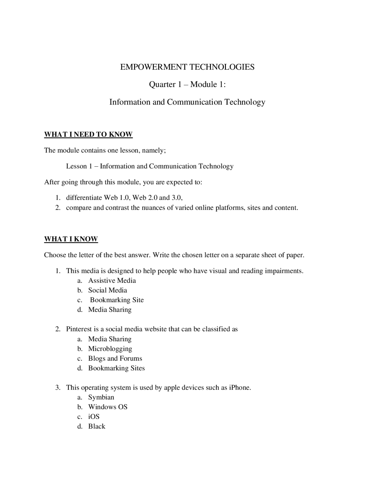 Empowerment Technologies Module 1 Exercises Technology Docsity