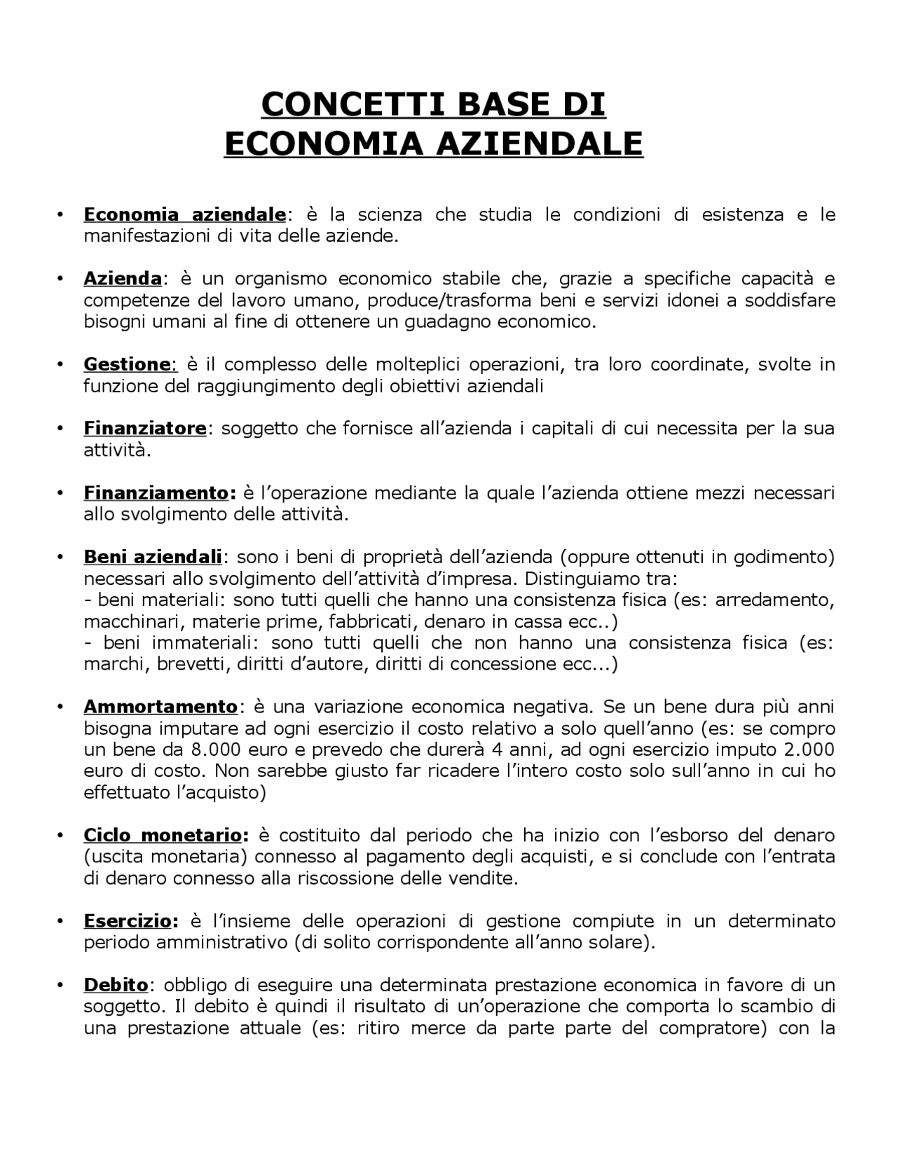 CONCETTI BASE DI ECONOMIA AZIENDALE: definizioni chiave - Docsity