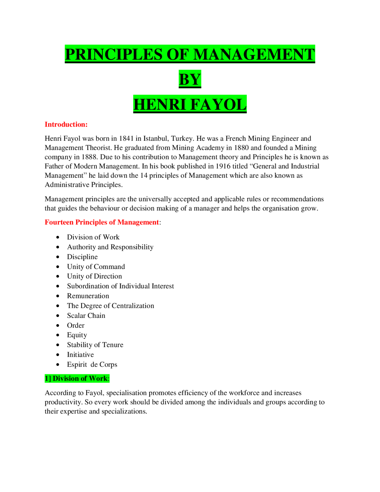 Principles Of Management By Henri Fayol Docsity