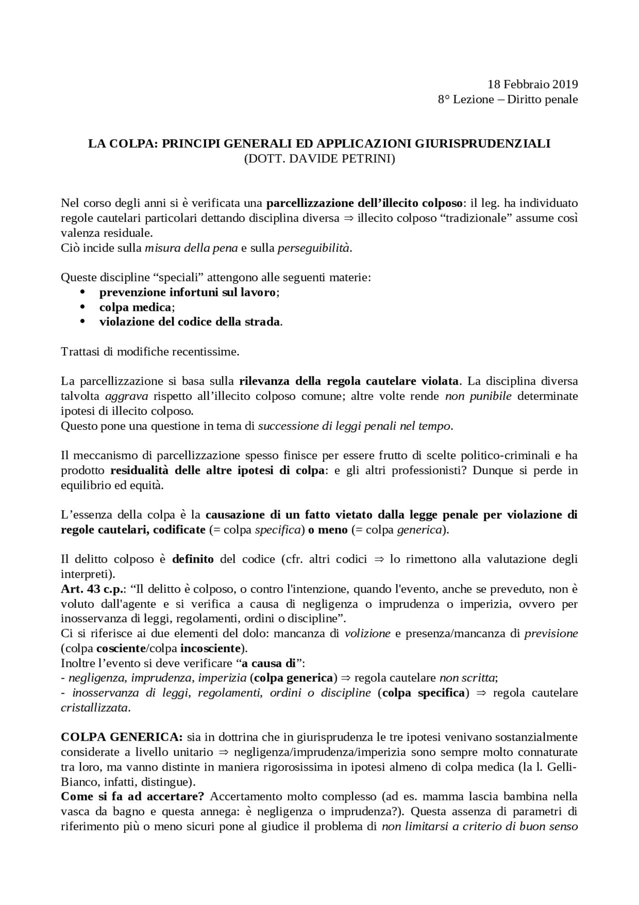 La Colpa Diritto Penale Docsity