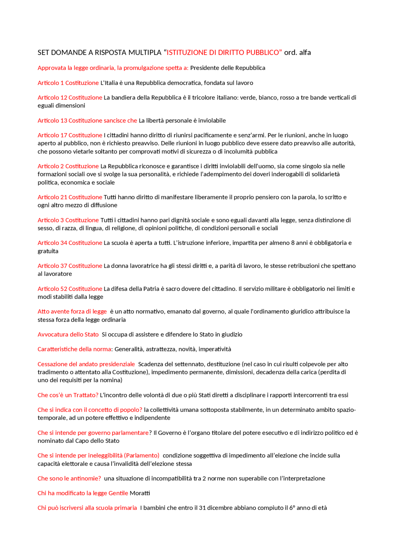 DOMANDE APERTE ISTITUZIONE DIRITTO PUBBLICO - Docsity