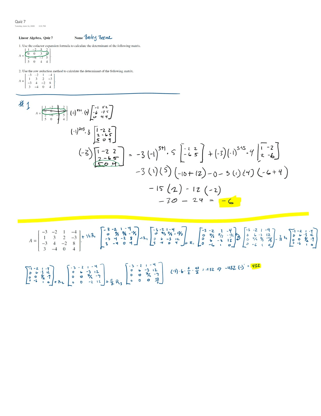 Linear Algebra Matrix Evaluation Docsity