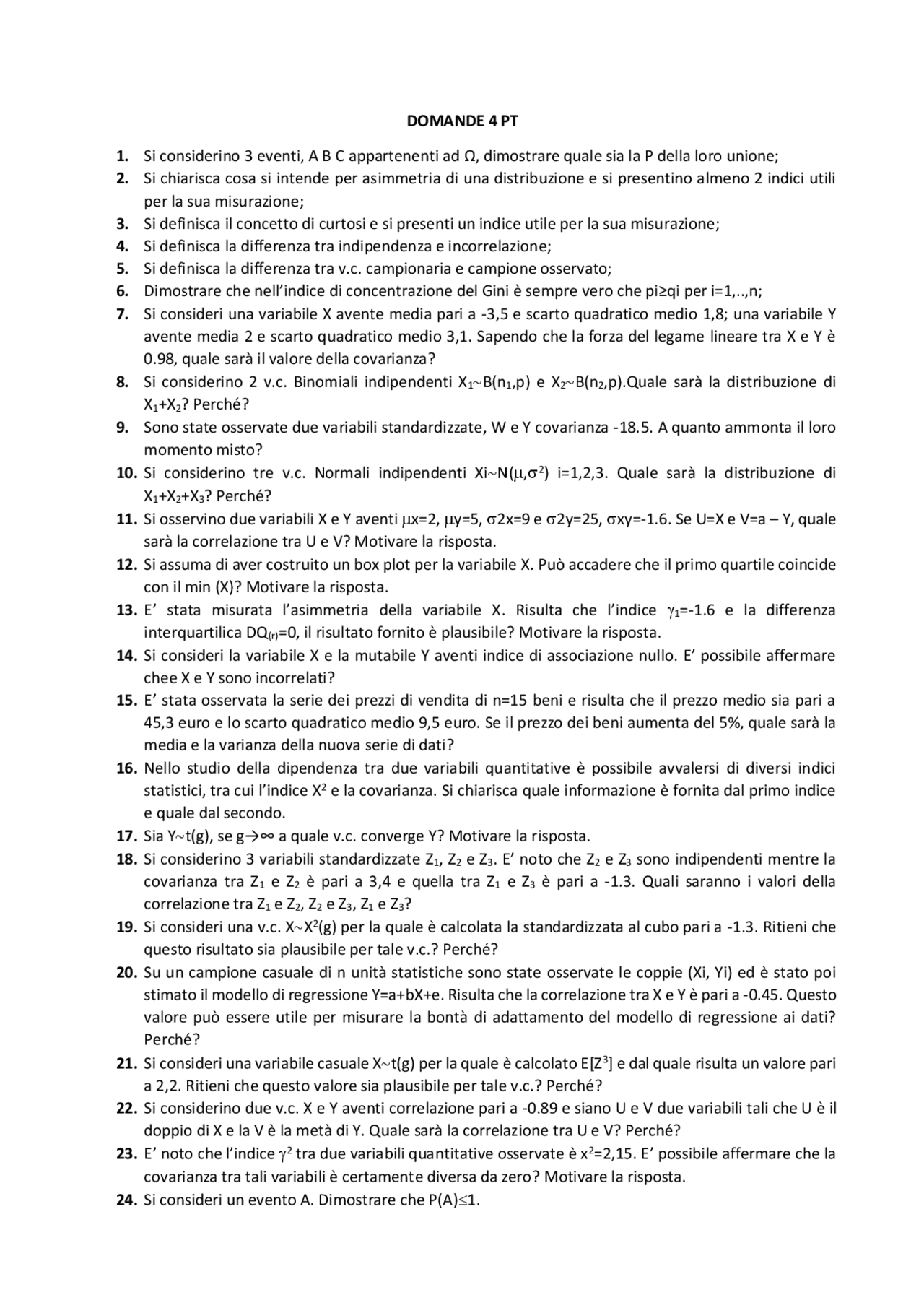 Domande Di Statistica Prove Desame Di Statistica Docsity
